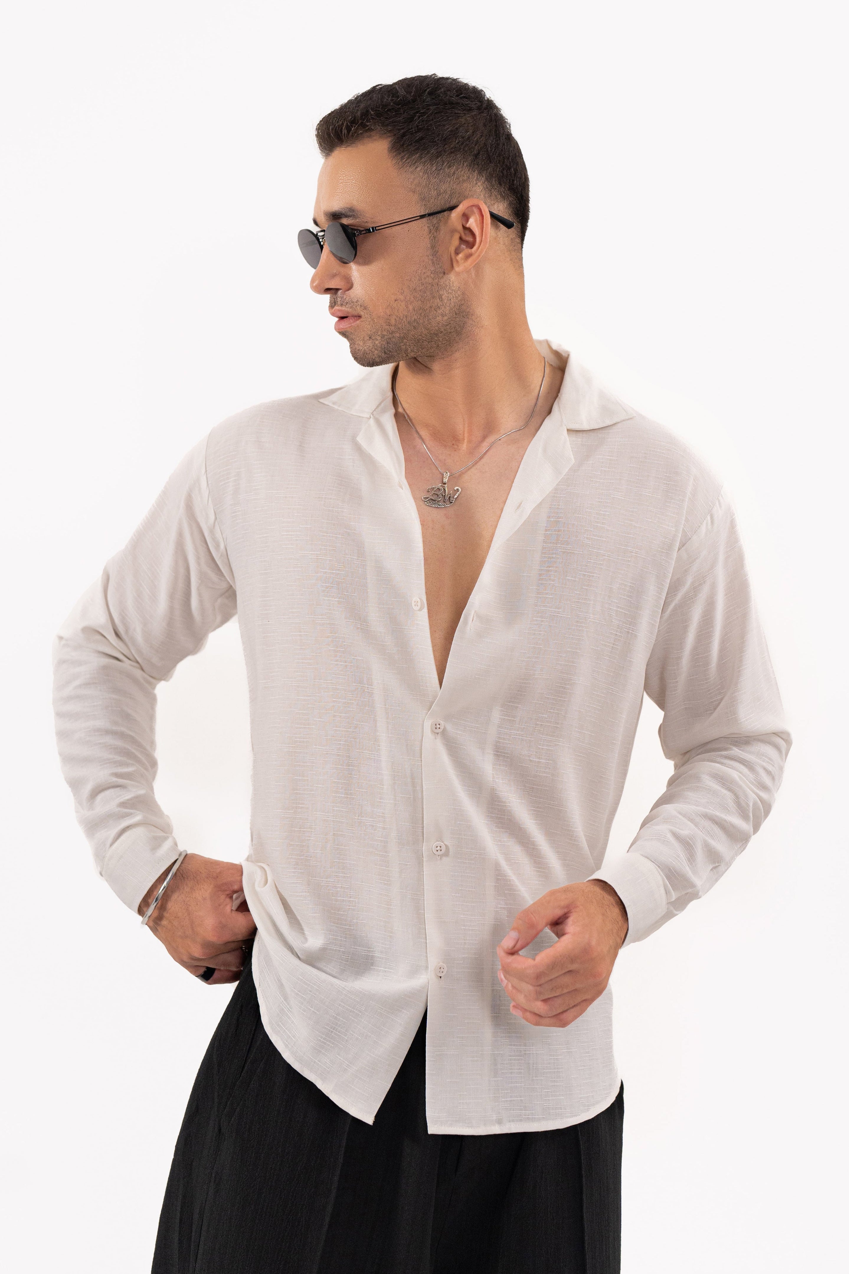 White Linen Threaded Shirt