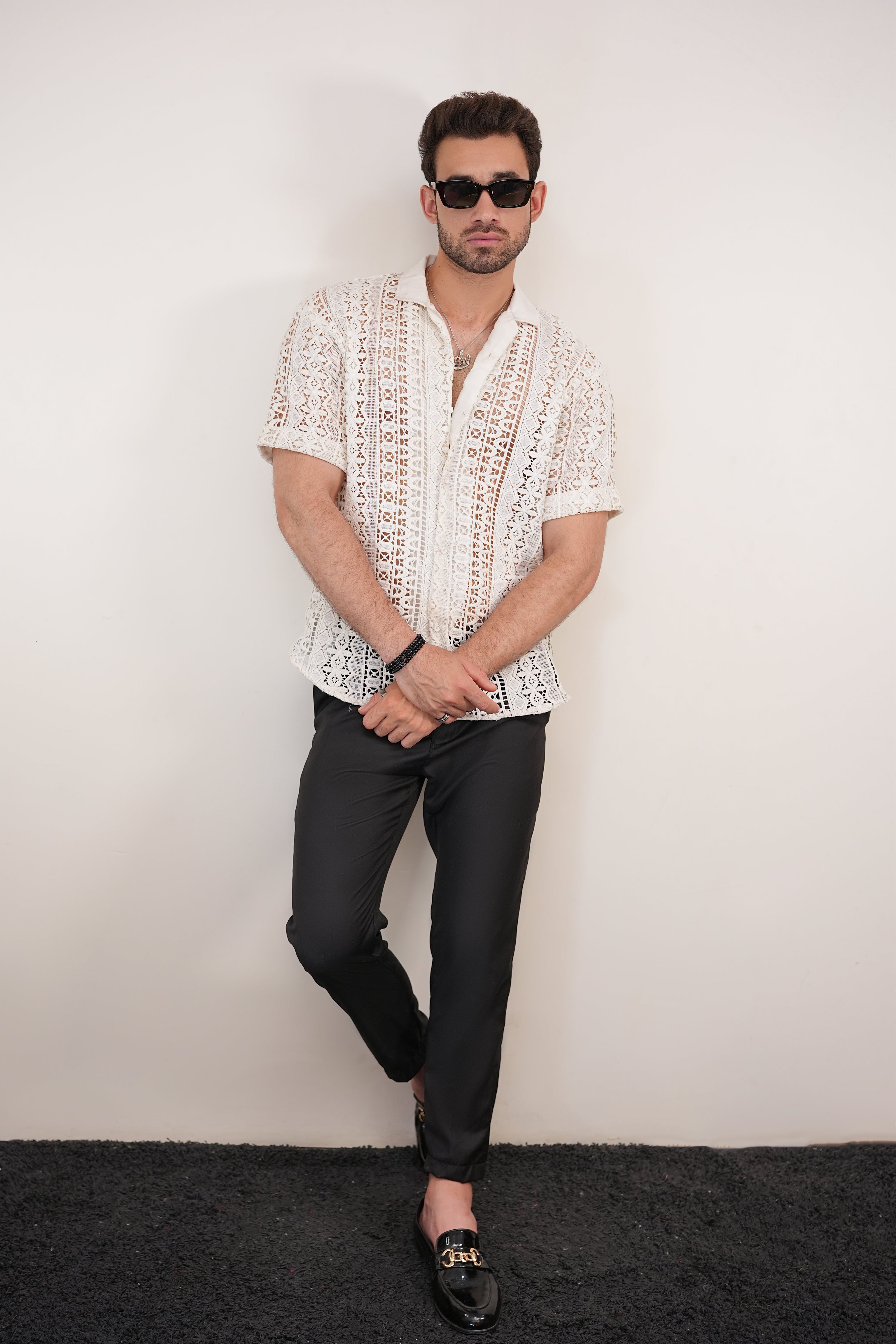 White Threaded Crochet Shirt - Blackenwhite